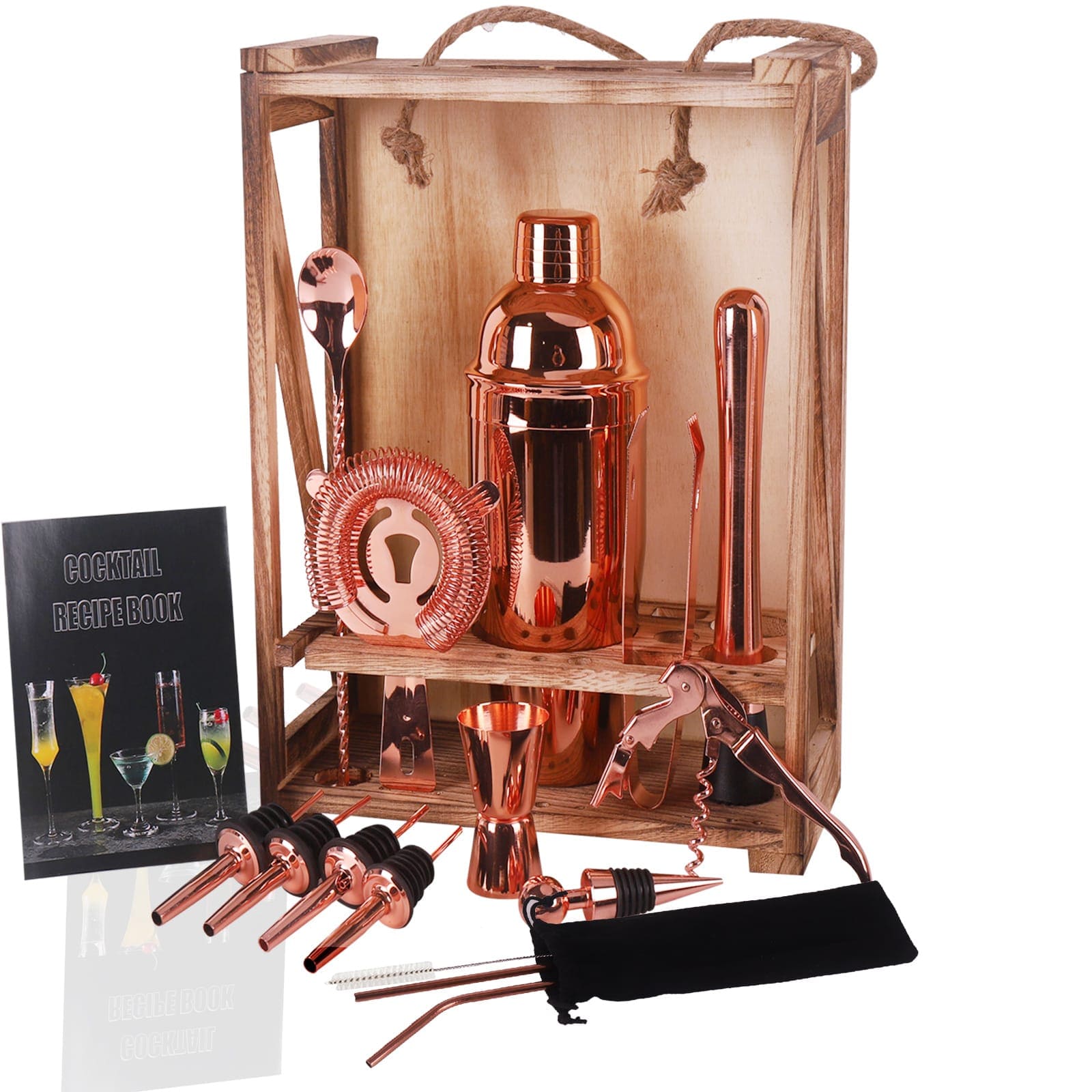 16 Piece Cocktail Shaker Set, Wood Stand Bartender Kit & Mini Bar