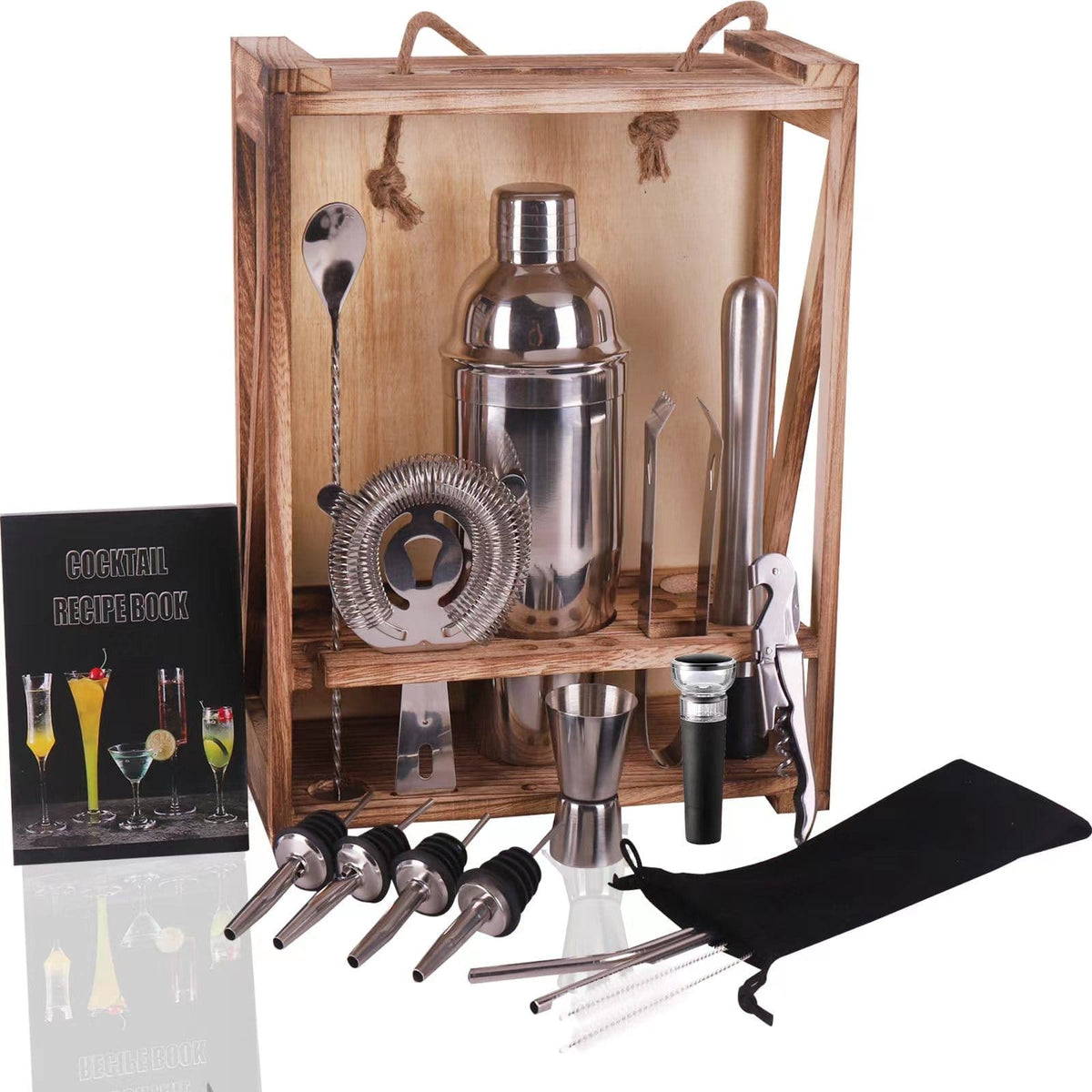 16 Piece Cocktail Shaker Set, Wood Stand Bartender Kit & Mini Bar